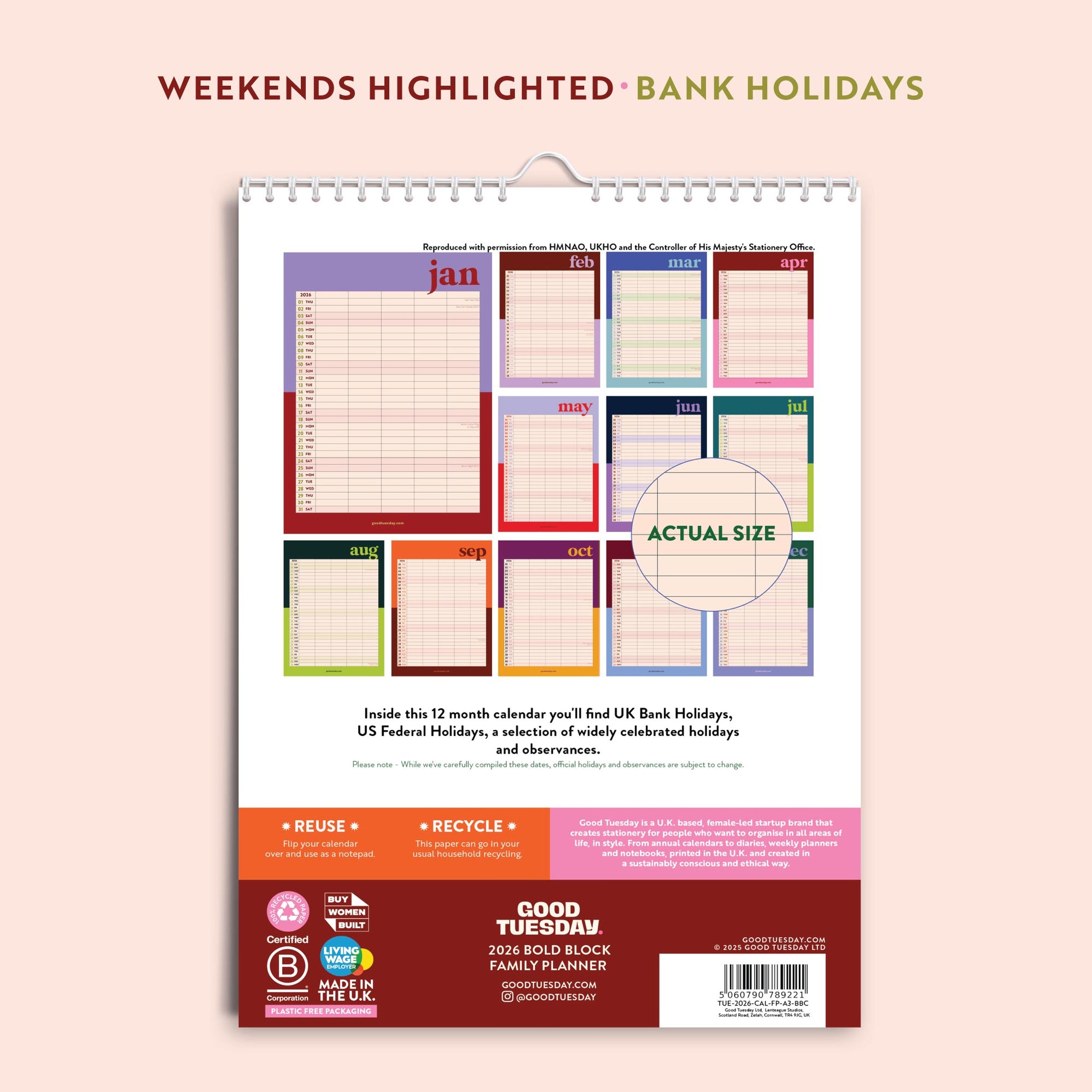 2026 Bold Block Family Planner | A3 5 Column Calendar | Good Tuesday